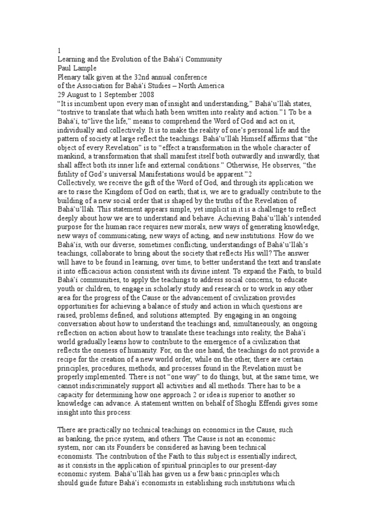 Learning and The Evolution of The Baha'i Community - Paul Lample | PDF ...