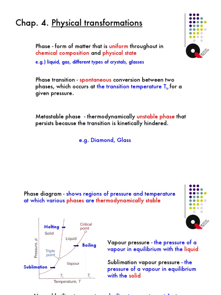 Chap. 4. Physical Transformations | PDF | Phase (Matter) | Phase Diagram