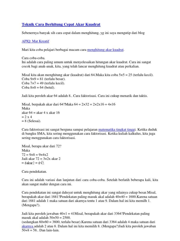 Teknik Cara Berhitung Cepat Akar Kuadrat | PDF