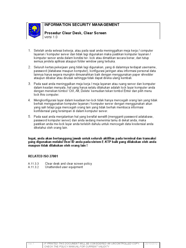 Clear Desk Clear Screen Procedure | PDF