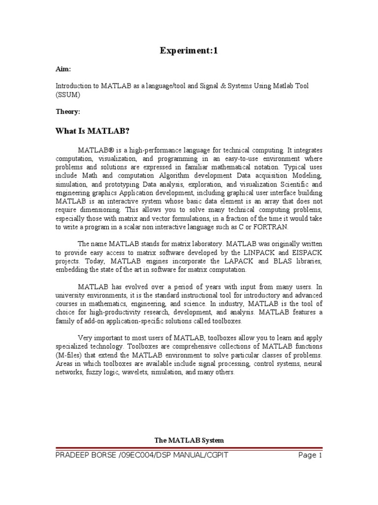 Experiment 1 | PDF | Matlab | Digital Signal Processing