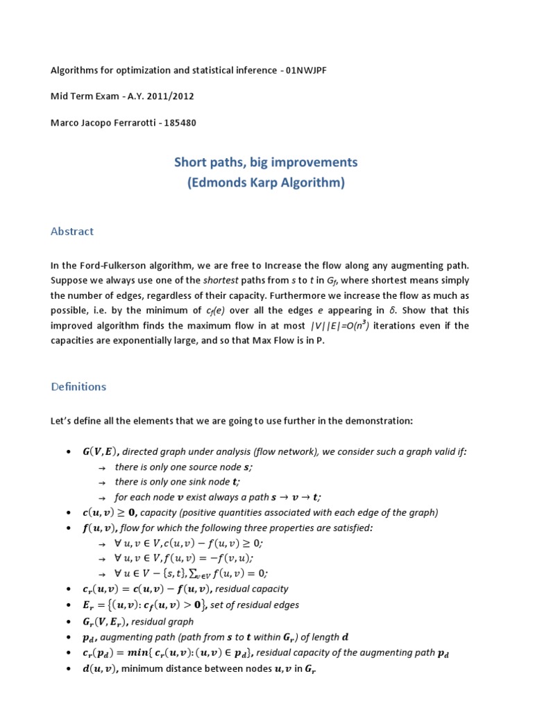 Short Paths, Big Improvements (Edmonds Karp Algorithm) | PDF | Theoretical Computer Science ...