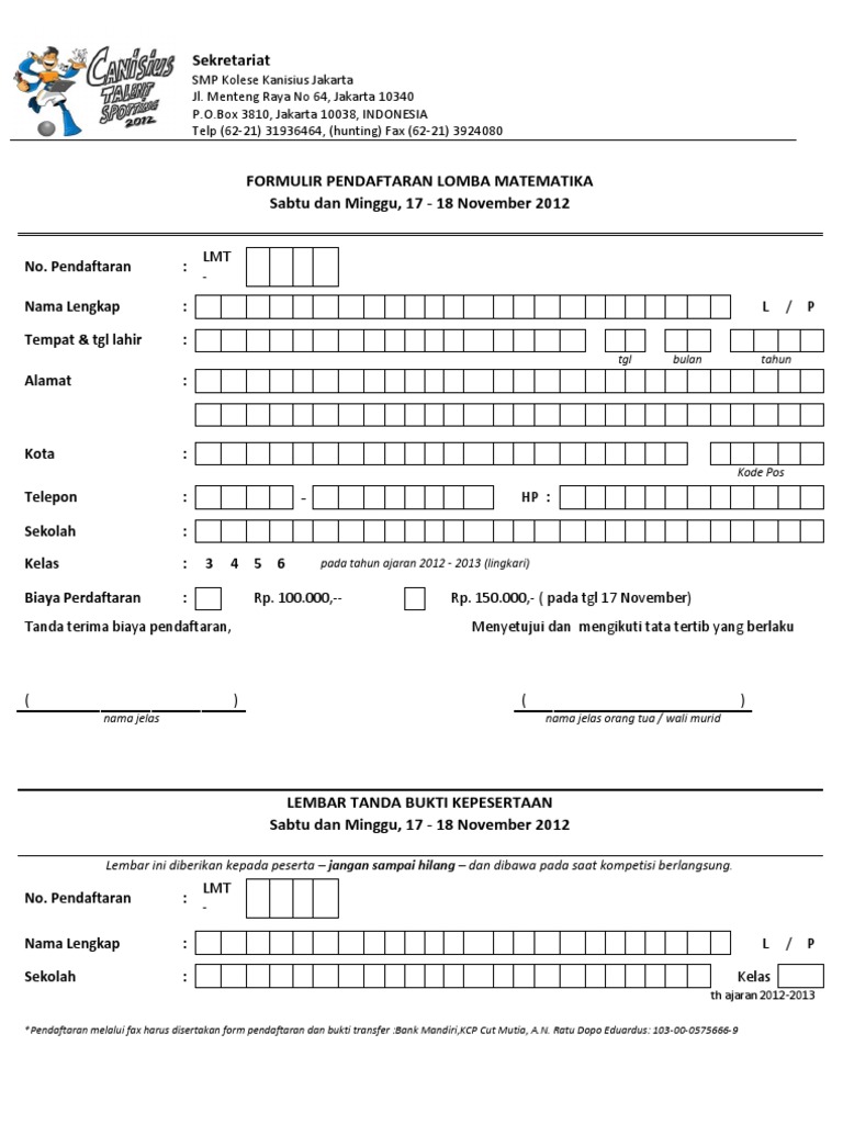 Formulir Pendaftaran Lomba Matematika | PDF