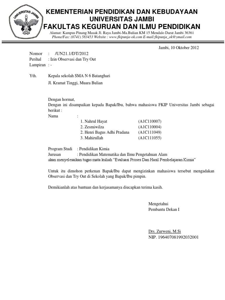 Kop Surat Fkip UNJA Observasi Dan Try Out | PDF