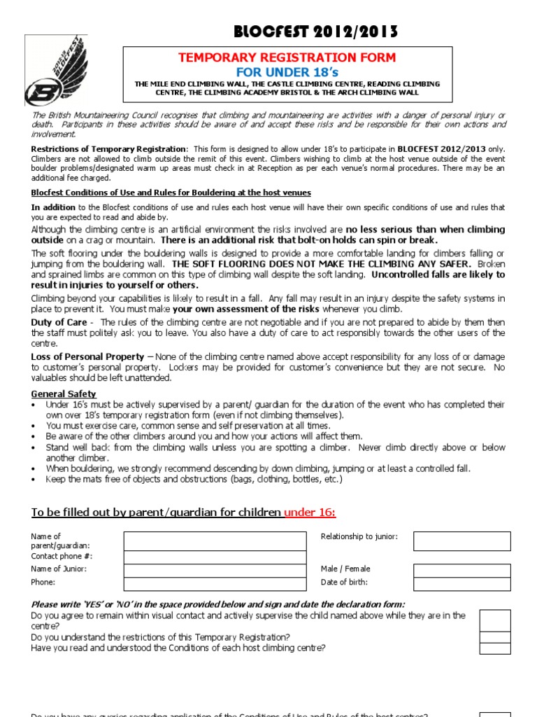 Blocfest Temporary Registration Form UNDER 18 | PDF | Government ...