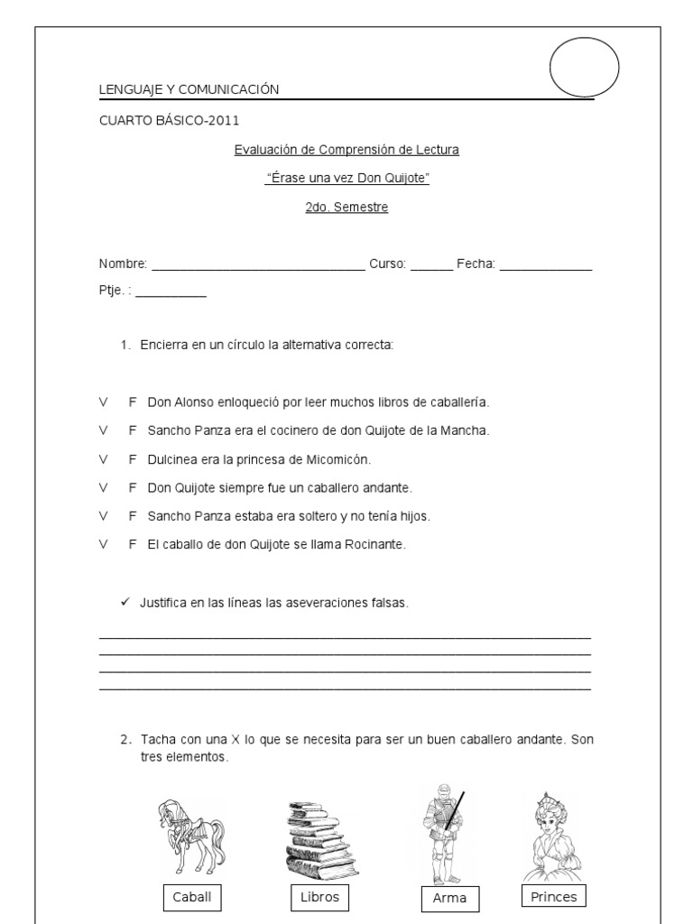 Prueba de Comprensión: Don Quijote para Niños | PDF | Don Quijote ...