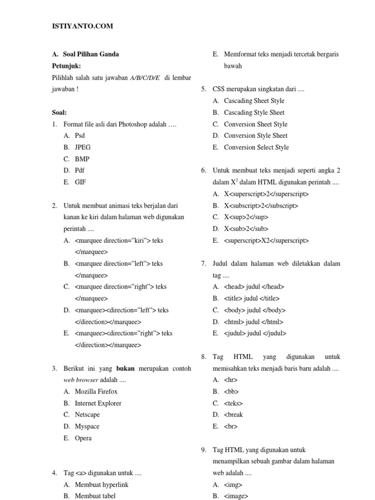 Latihan Soal Photoshop HTML Dan Dreamweaver | PDF | Komputer