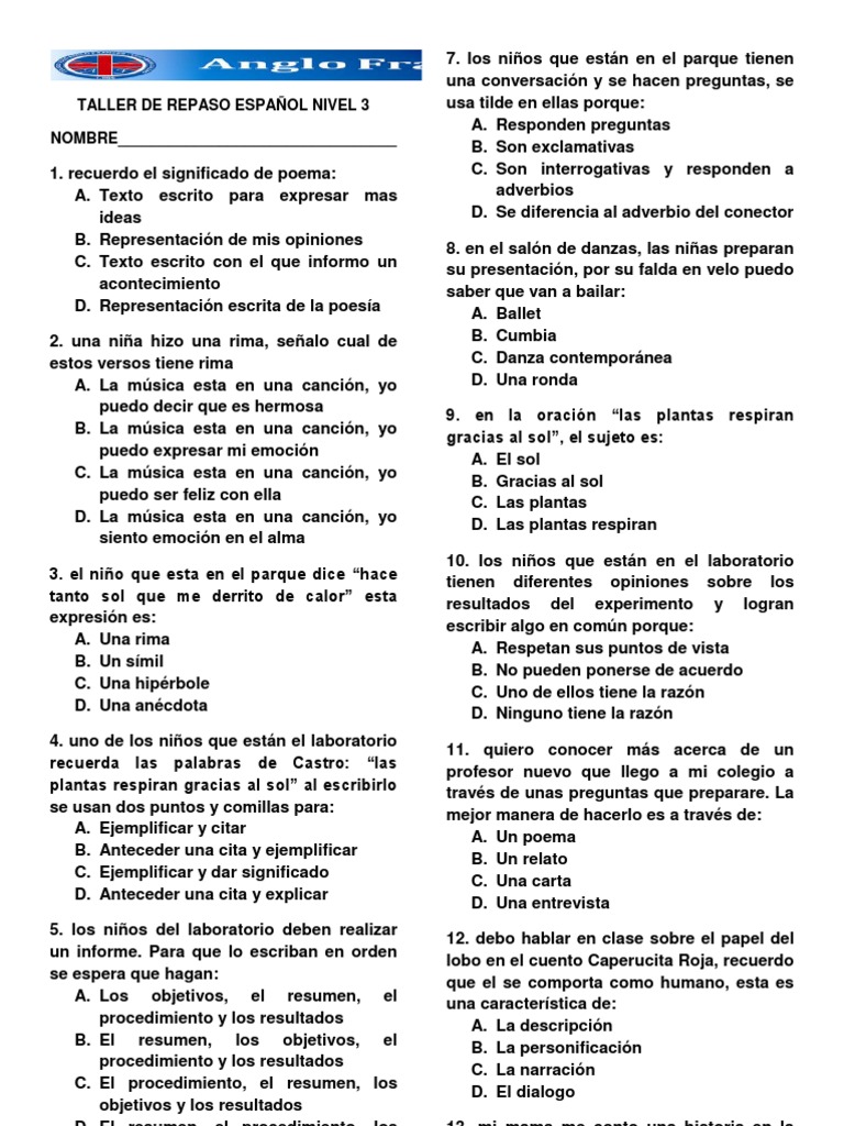 Taller de Repaso Español Nivel 3 | PDF | Palabra | Comillas