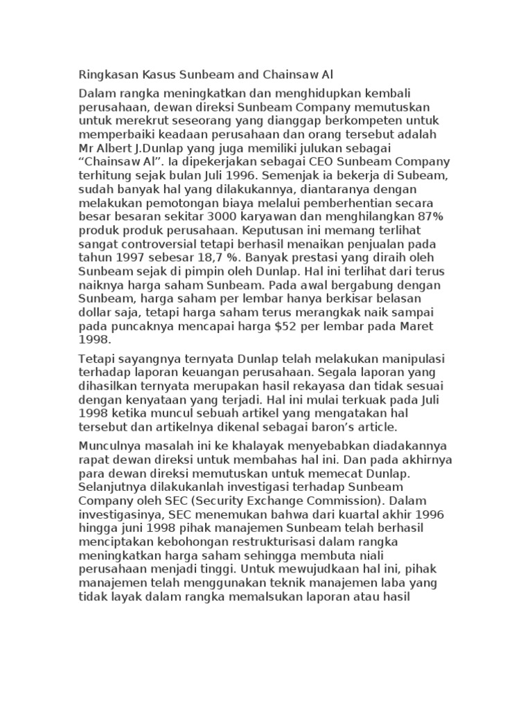 Ringkasan Kasus Sunbeam and Chainsaw Al | PDF