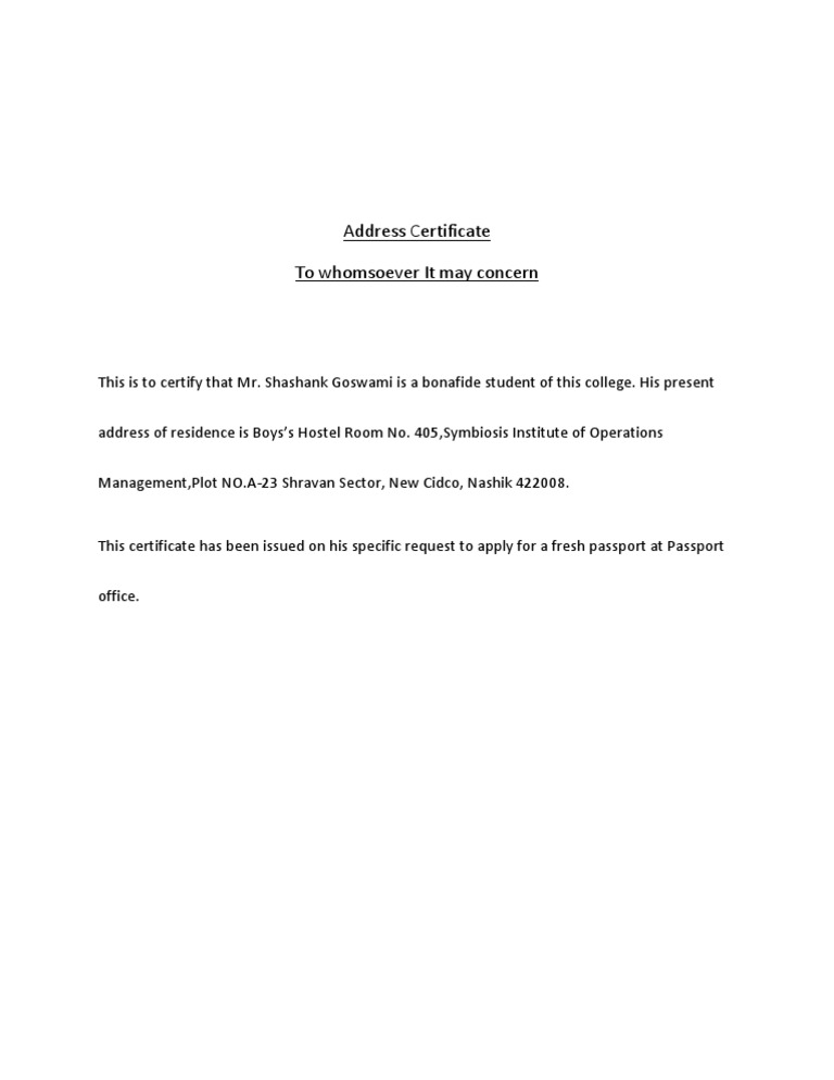 Address Certificate On Letter Head | PDF
