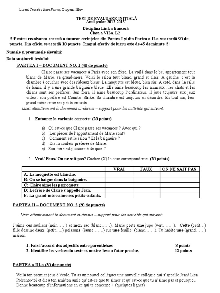 Test Predictiv Franceza Clasa VII | PDF