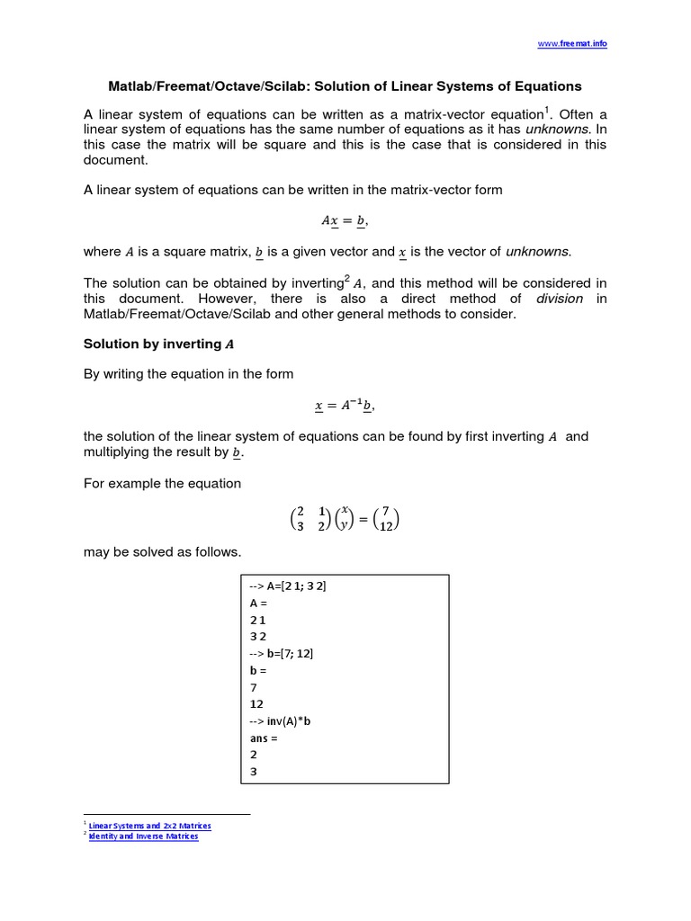 Solve Linear Systems in Matlab/Octave | PDF | System Of Linear ...