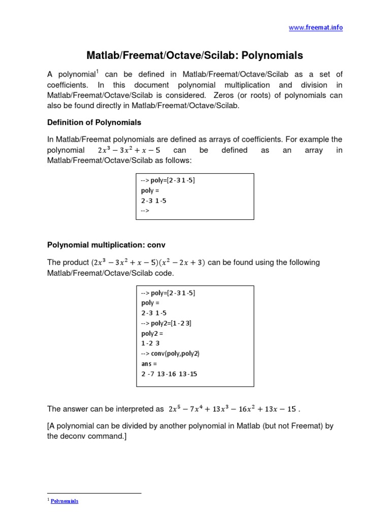 Polynomials in Matlab, Freemat and Octave by WWW - Freemat.info | PDF ...