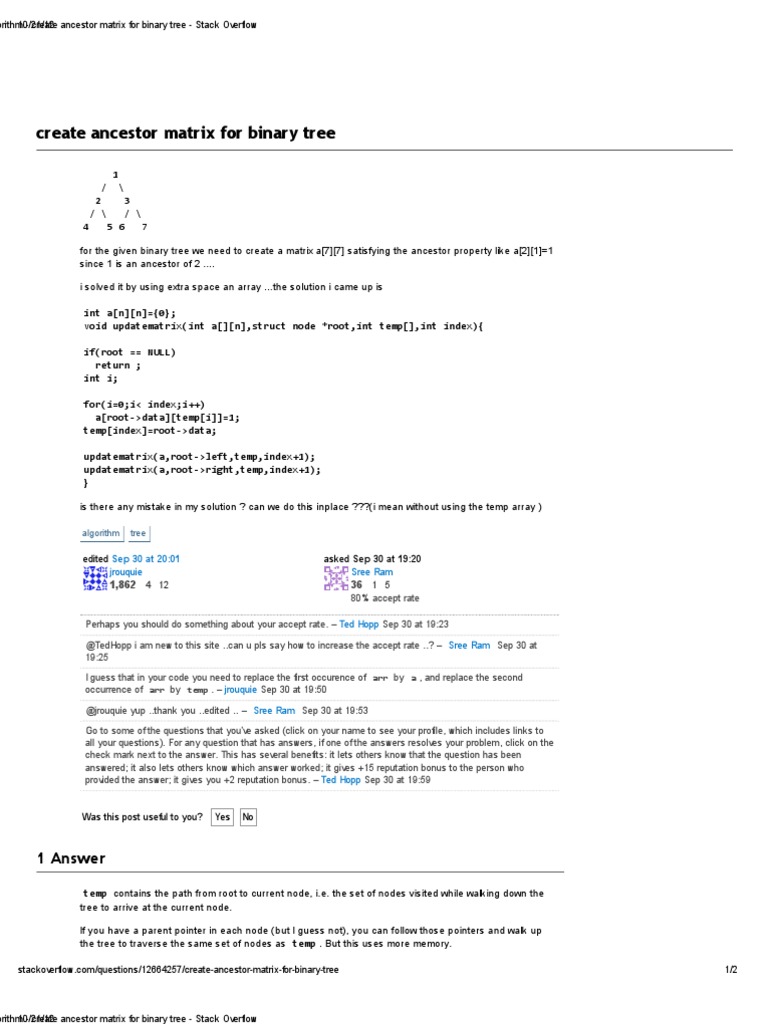 Algorithm - Create Ancestor Matrix For Binary Tree - Stack Overflow | PDF | Computer Data ...