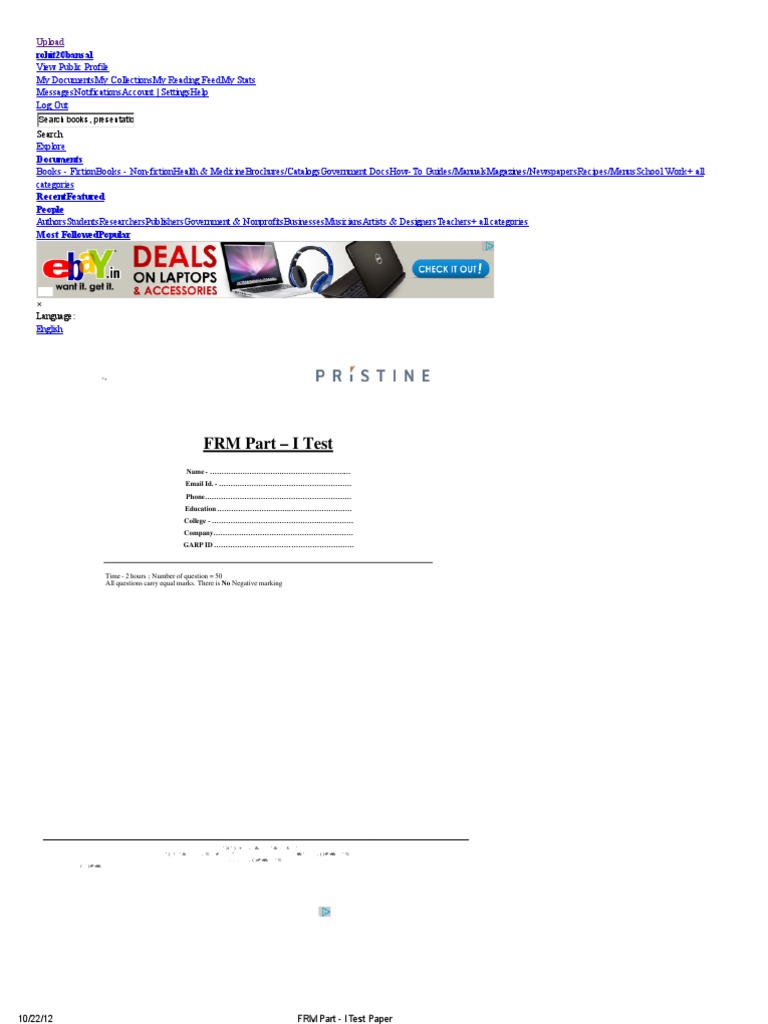 FRM Part - I Test Paper | PDF | Business