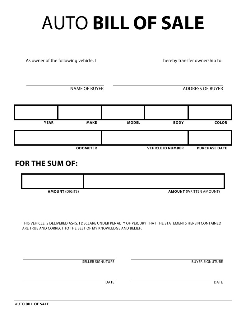Auto Bill of Sale Template | PDF