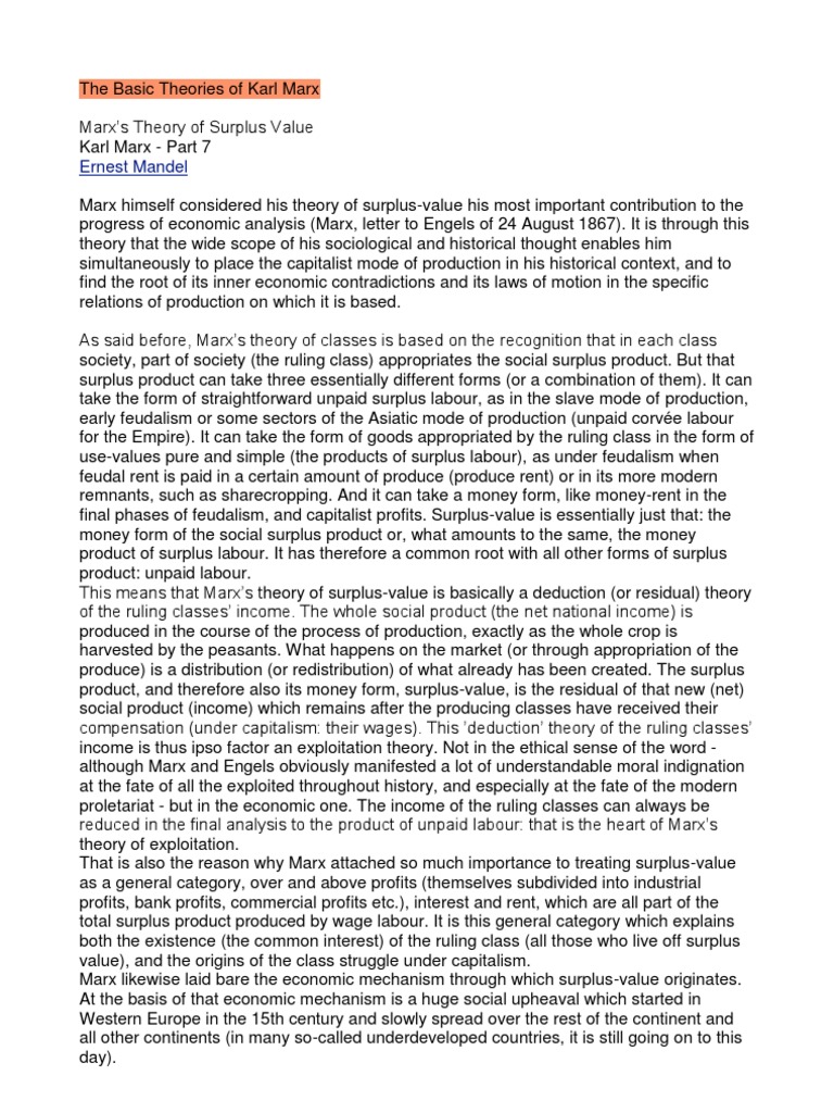 Marx' Theory of Surplus Value | PDF | Capitalism | Karl Marx