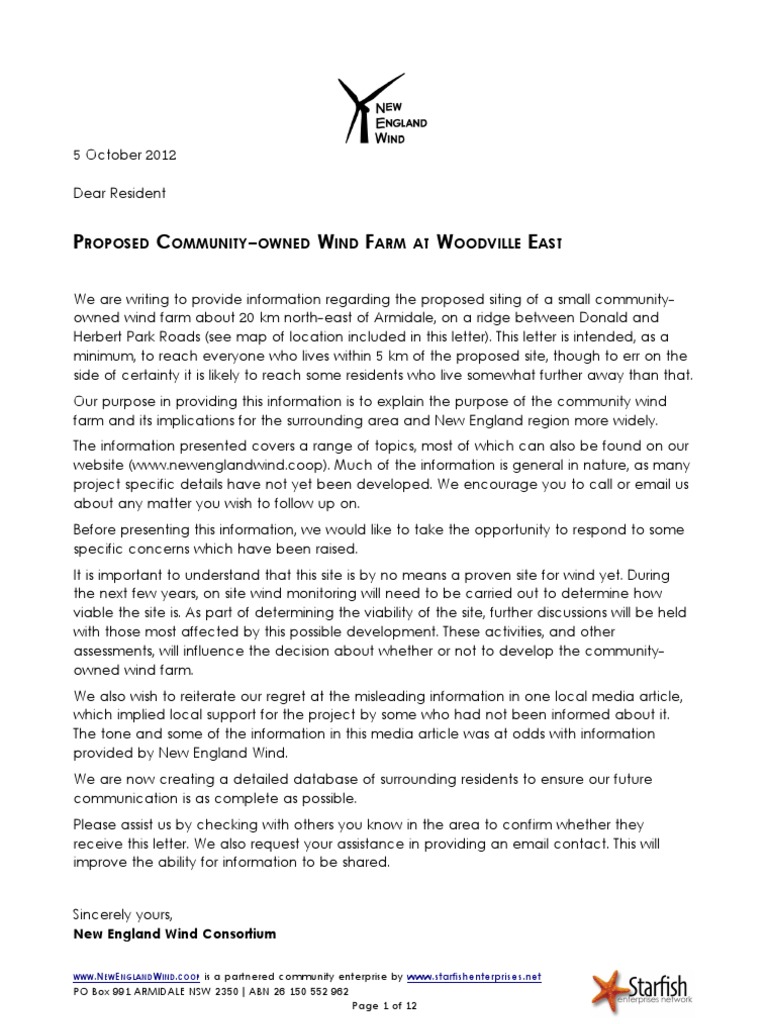 Letter To Residents in Vicinity of Proposed Community Wind Farm | PDF ...