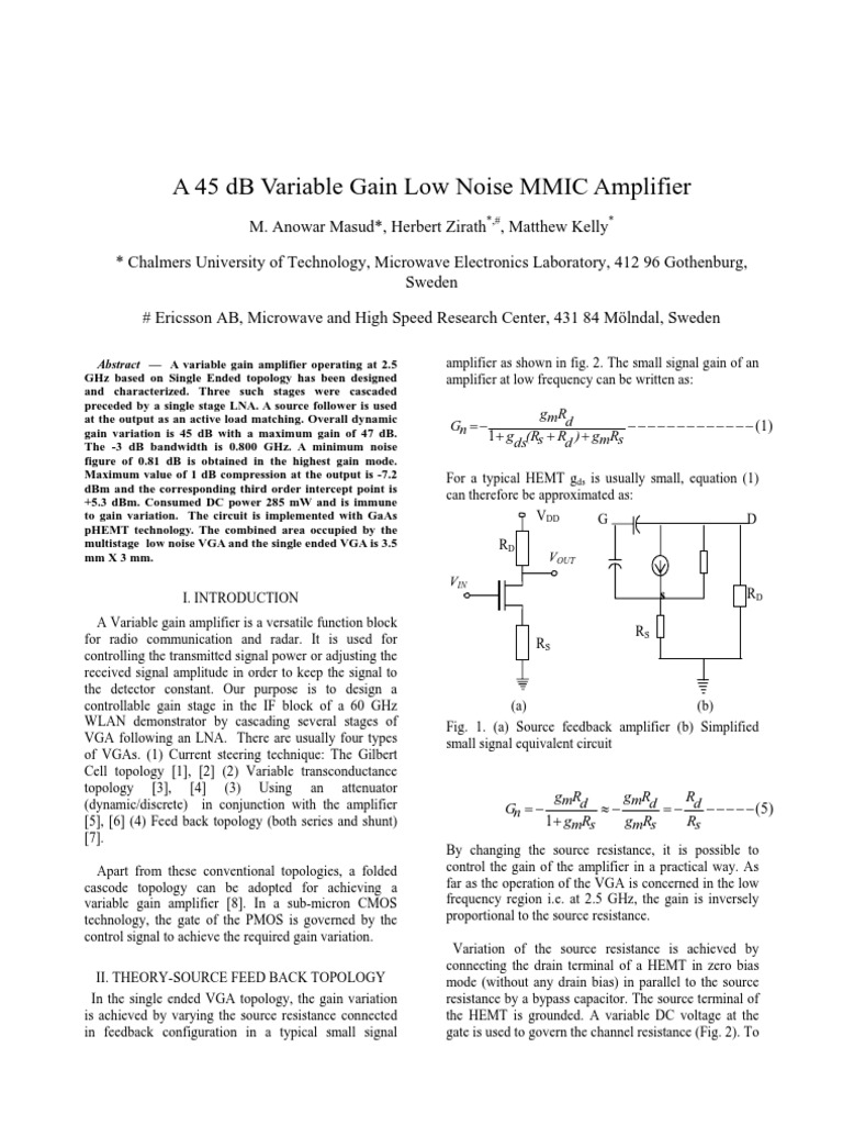 A 45 DB Variable Gain Low Noise MMIC Amplifier | PDF | Field Effect Transistor | Amplifier