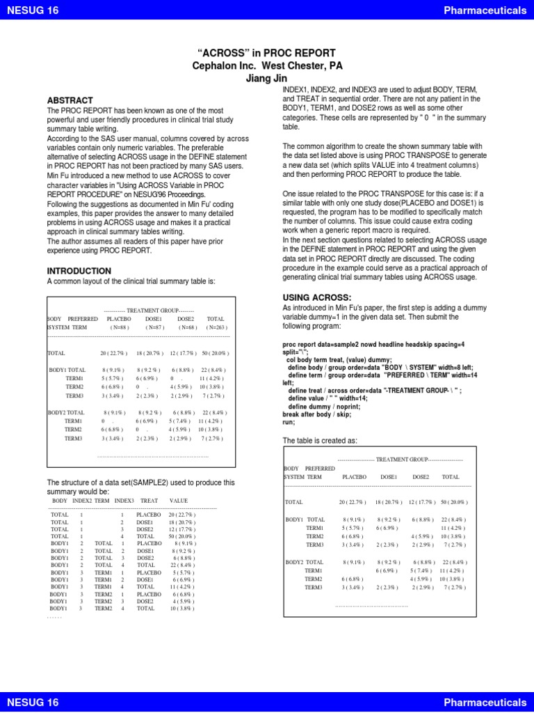 Across In Proc Report Sas Software Clinical Trial