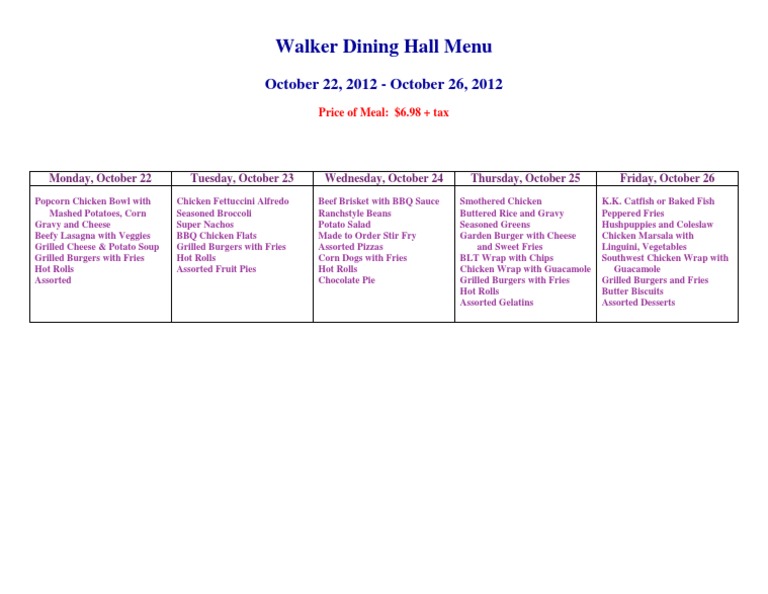 Walker Dining Hall Menu: Oct 22-26, 2012 | PDF | Hamburgers | French Fries