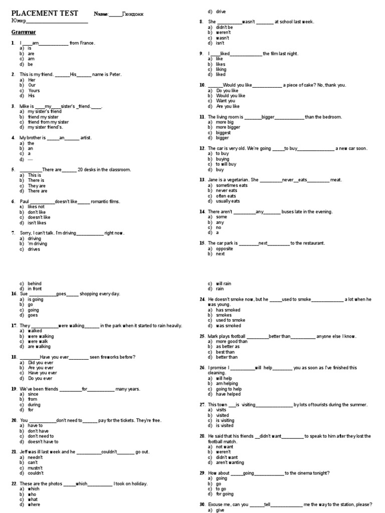 General English Placement Test | PDF | Leisure