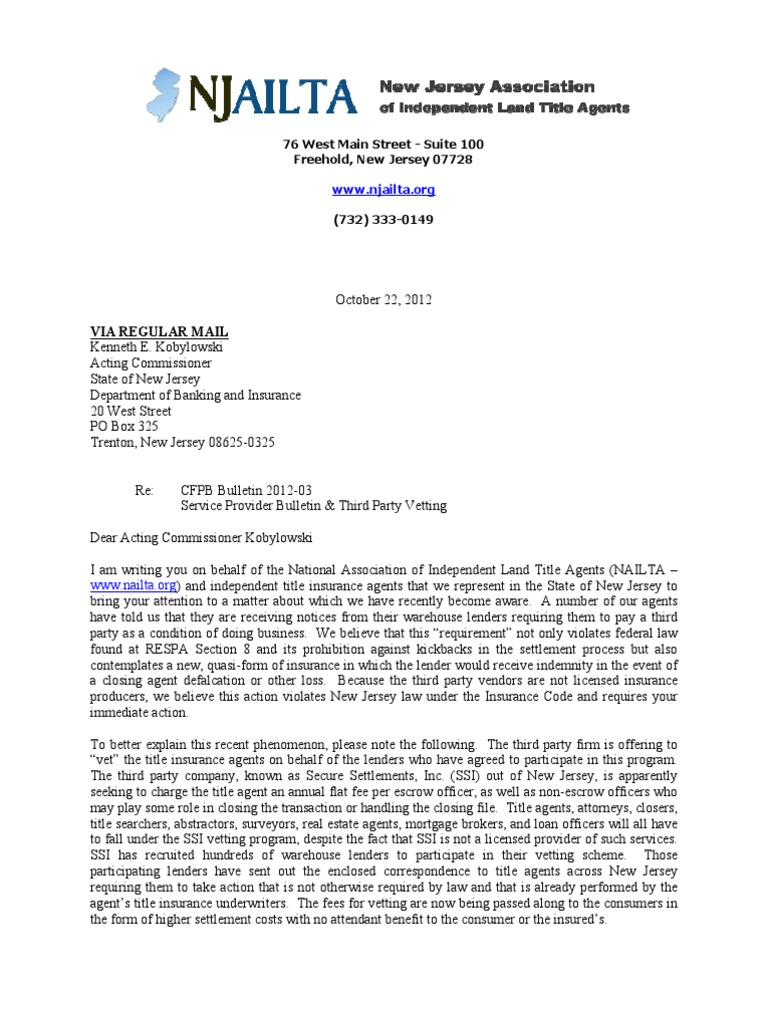 NJAILTA Vetting Letter | Title Insurance | Insurance