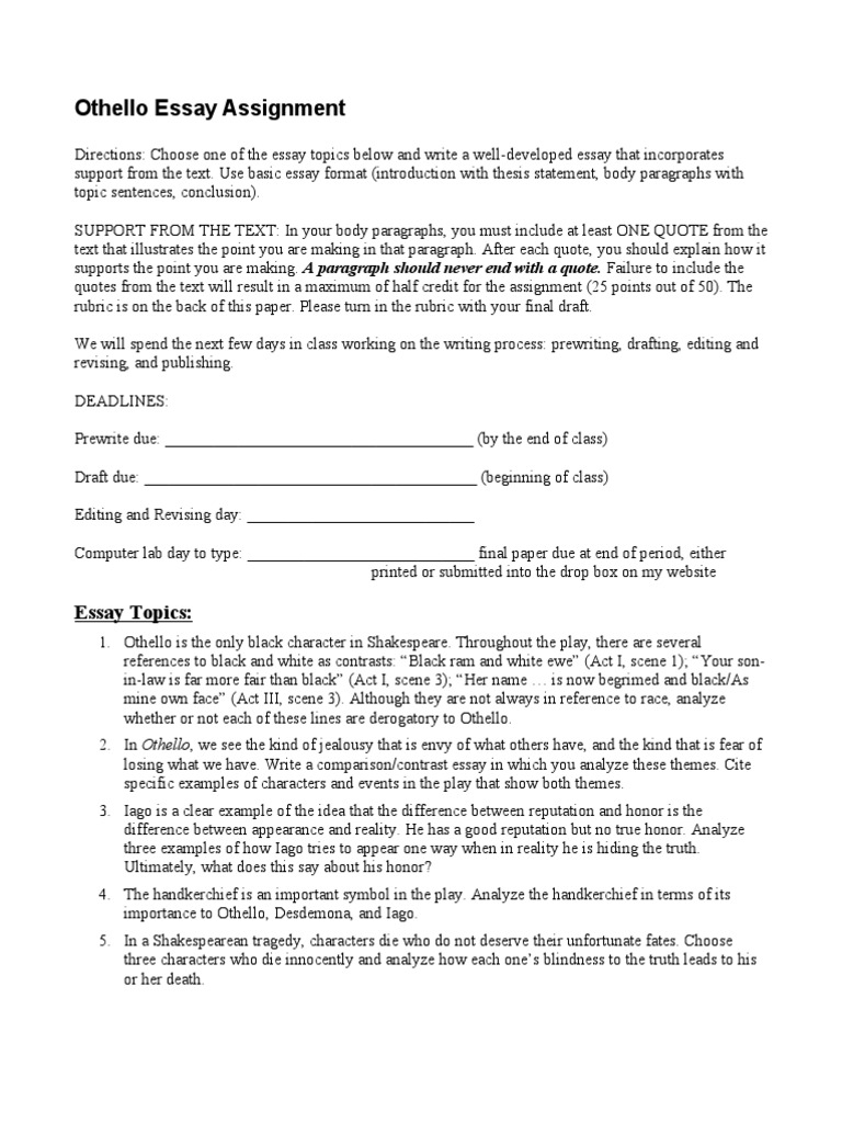 Othello Essay Assignment Guidelines | PDF | Iago | Paragraph