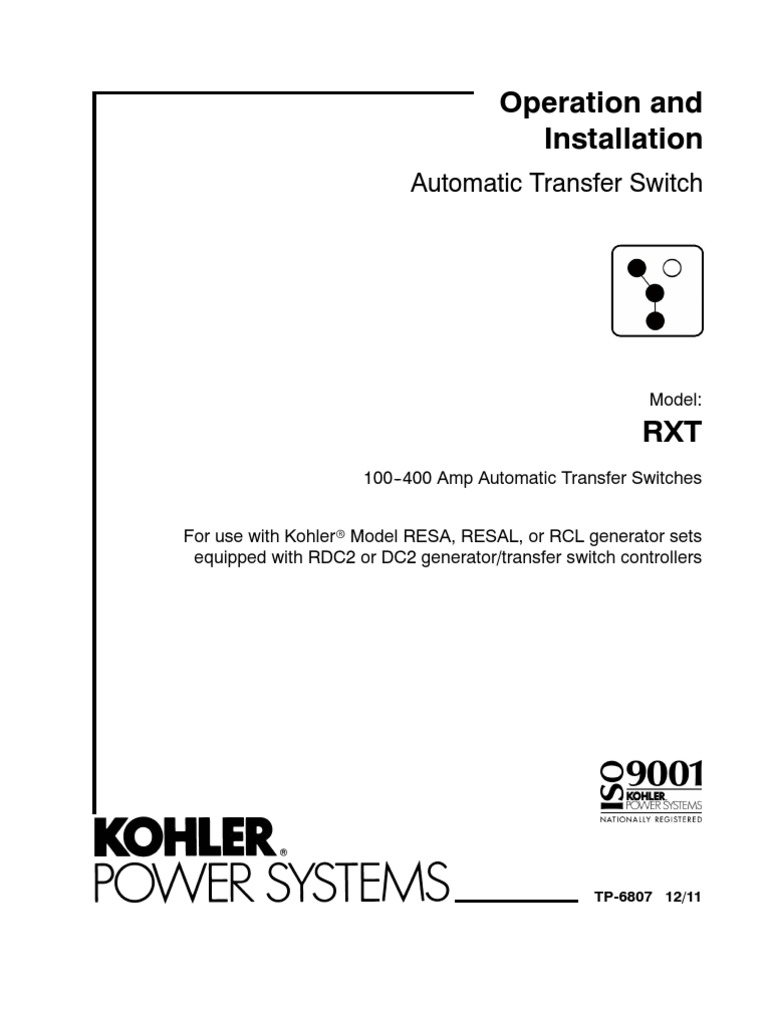 Kohler RXT Transfer Switch Install | PDF | Electrical Wiring | Switch