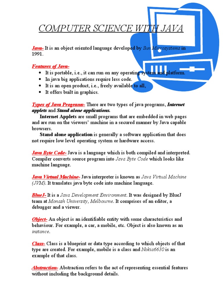 Computer Science Introduction To Java Isc Notes Pdf Constructor Object Oriented