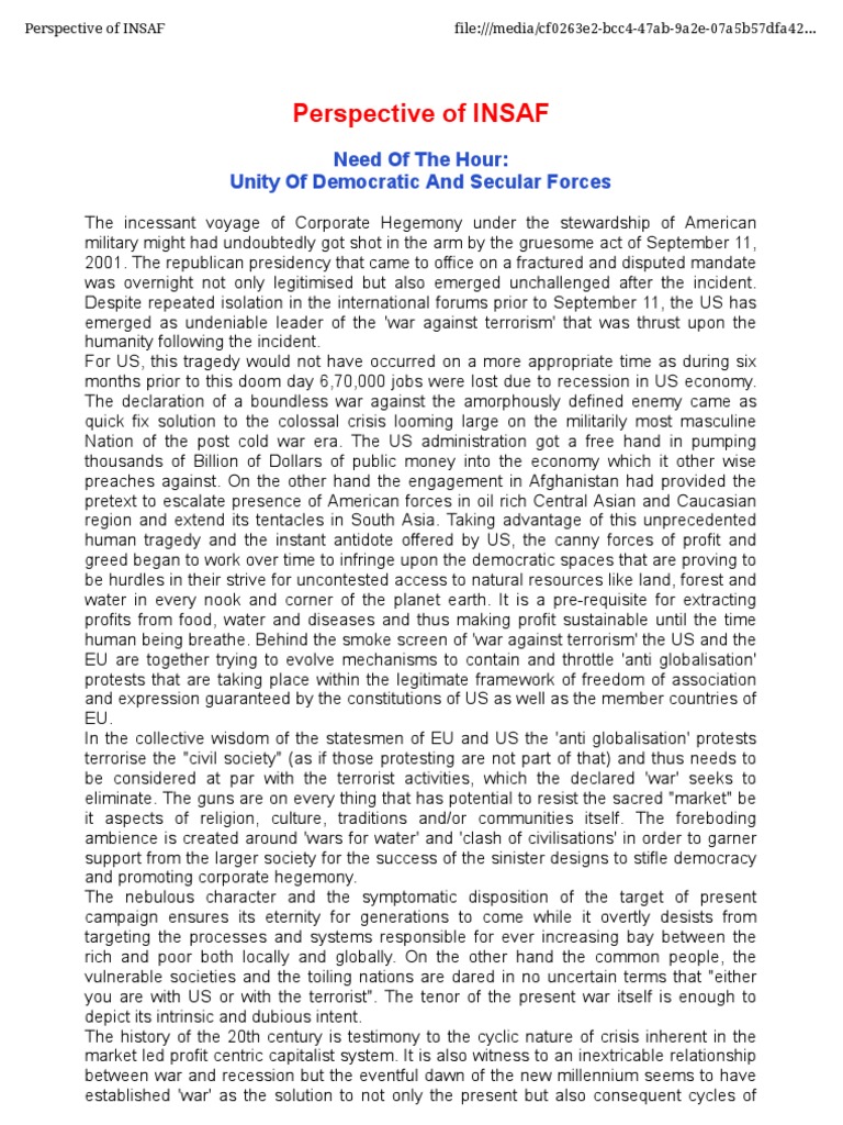 Perspective of INSAF: Need of The Hour: Unity of Democratic and Secular ...