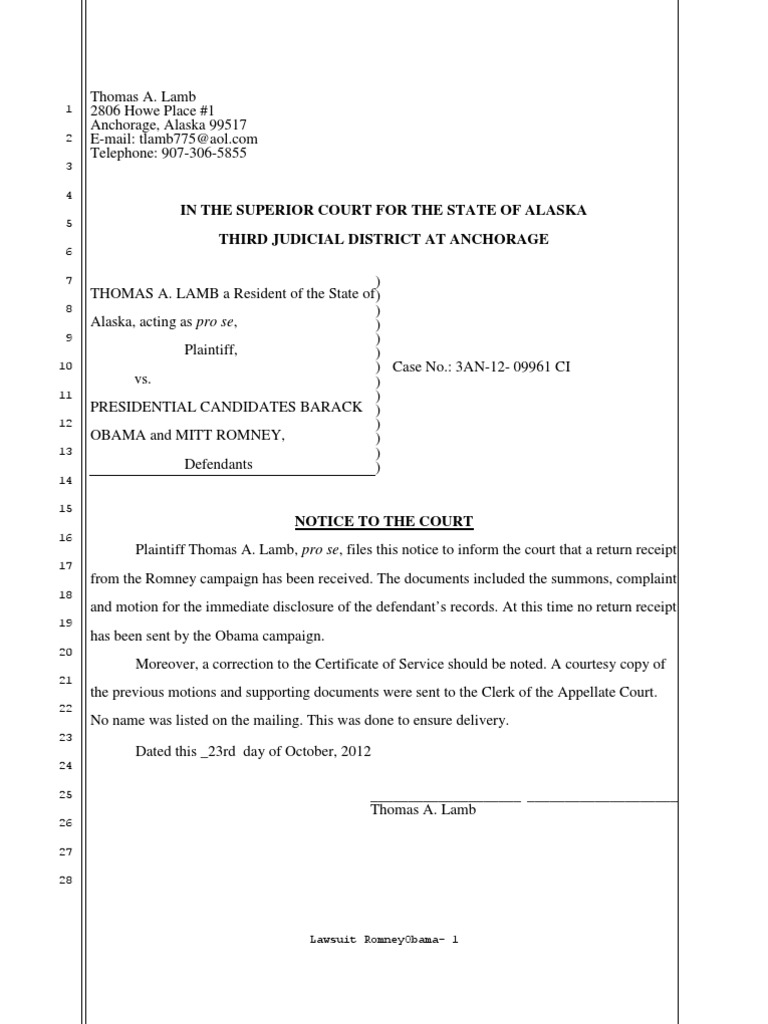 Notice To The Court Exhibit A | PDF | Alaska | Plaintiff