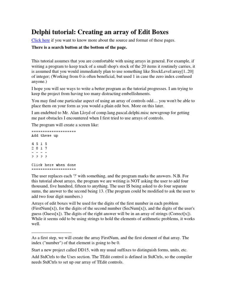 Delphi Tutorial: Creating An Array of Edit Boxes: Click Here | PDF | Window (Computing ...