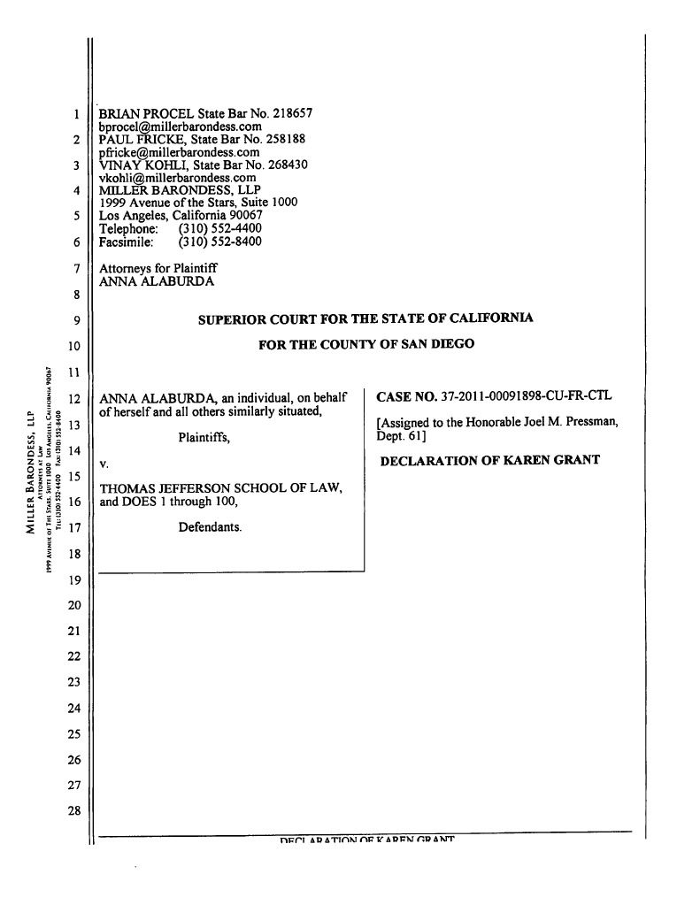 Alaburda v. TJSL: Declaration of Karen Grant | PDF