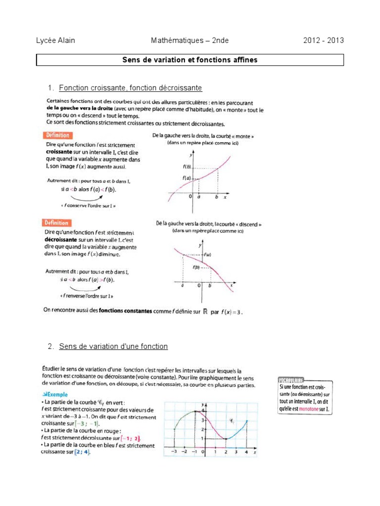 2nde Sens de Variation Et Fonctions Affines | PDF