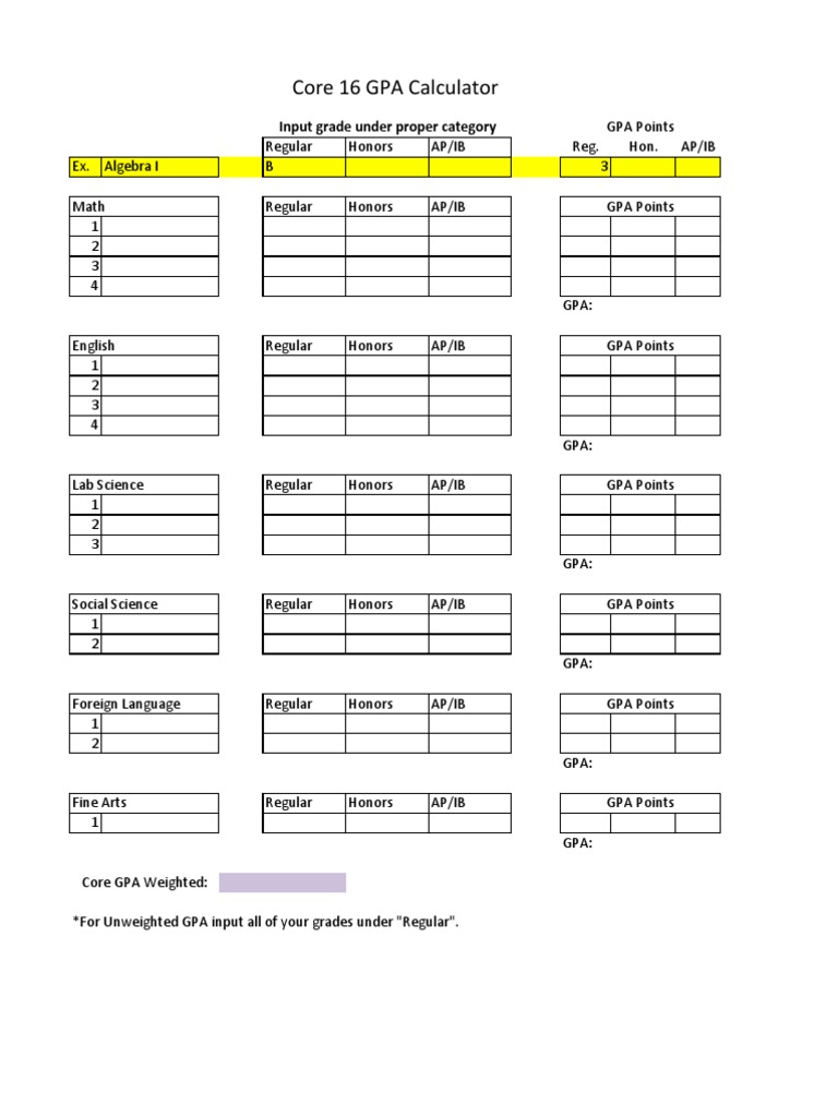 Core 16 GPA Calculator: Input Grade Under Proper Category | PDF