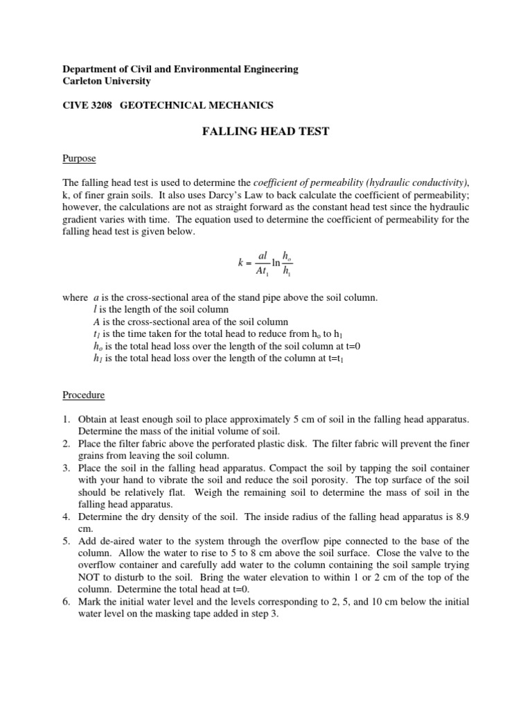 Instructions - Lab 3.2 Falling Head Test PDF | PDF | Soil | Mechanics