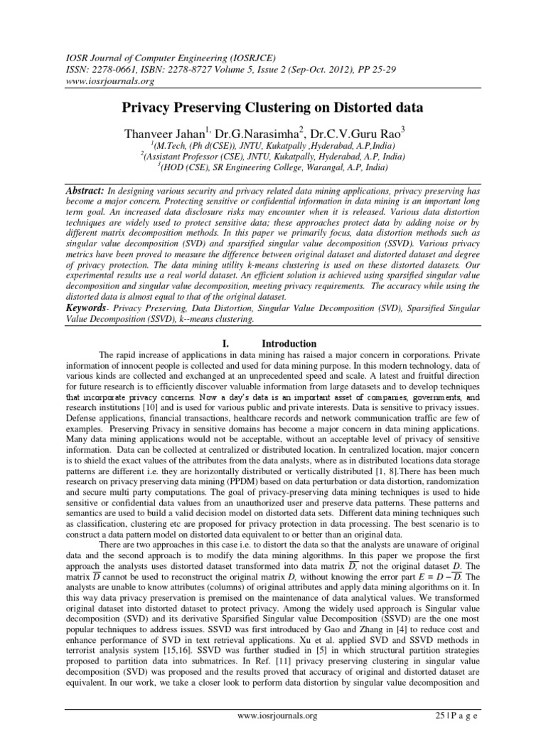 Privacy Preserving Clustering On Distorted Data: Thanveer Jahan Dr.G.Narasimha, Dr.C.V.Guru Rao ...