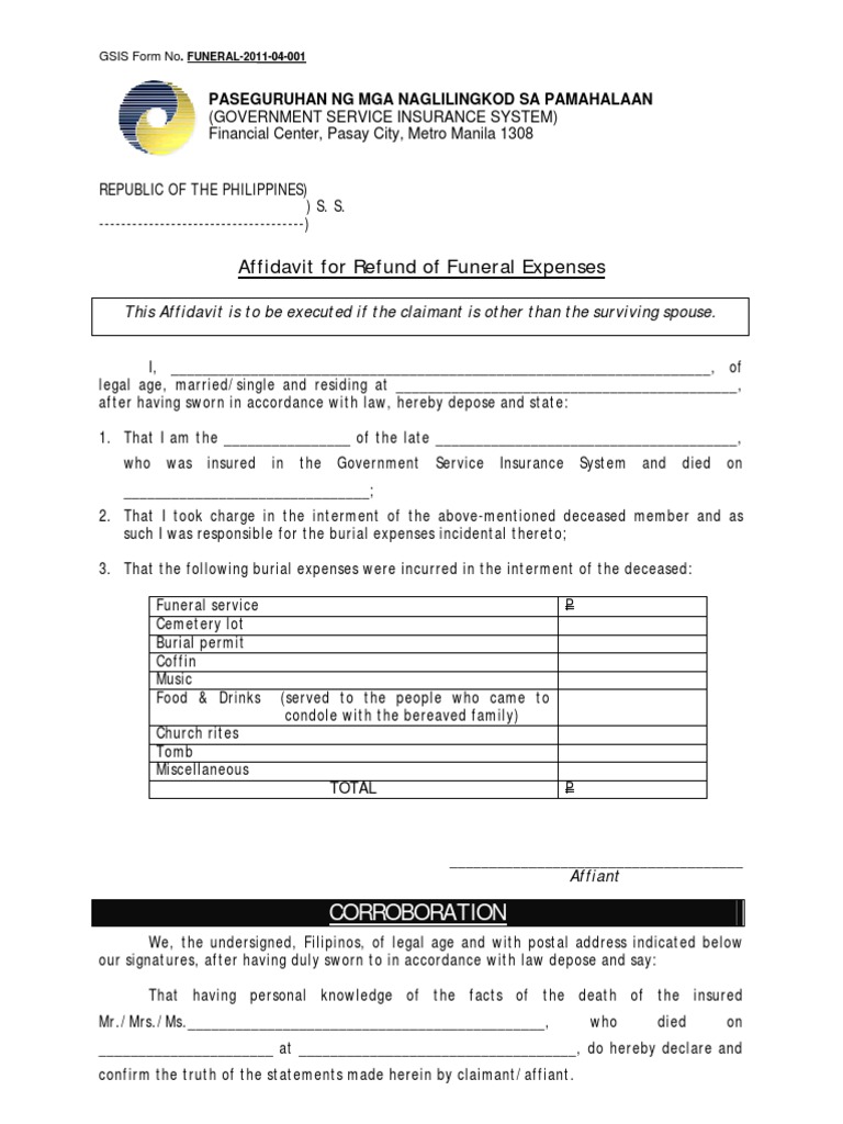 Affidavit For Claiming Refund On Funeral Expenses | PDF