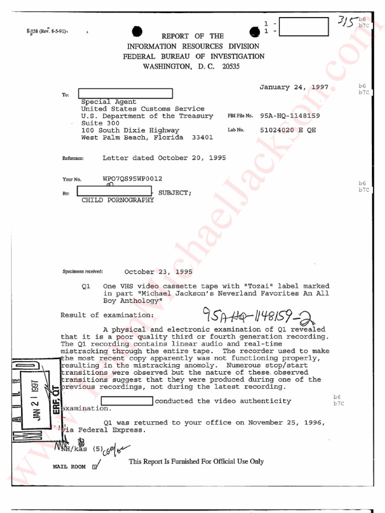 Michael Jackson FBI Files. October 30, 1995 To January 24, 1997 | PDF ...