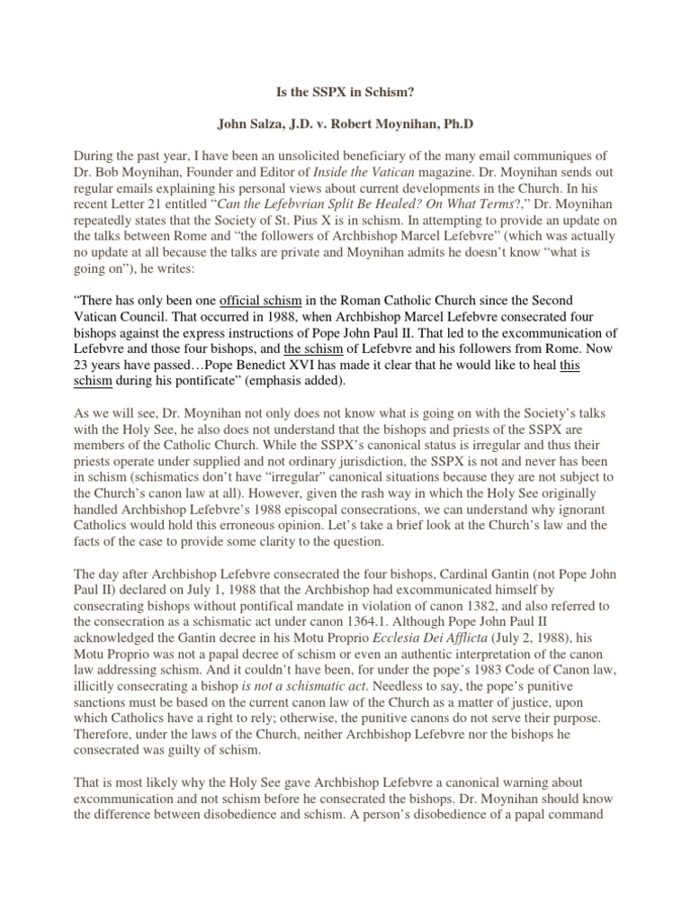 Is The SSPX in Schism? John Salza vs. Robert Moynihan | PDF | Catholic ...