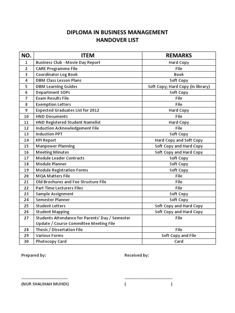 Department Handover Sample