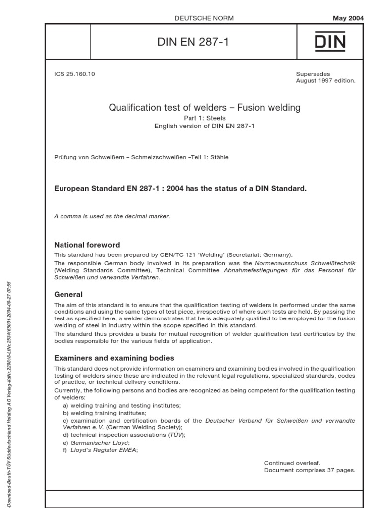 DIN EN 287-1 - 05-2004 - en | PDF | Welding | Construction