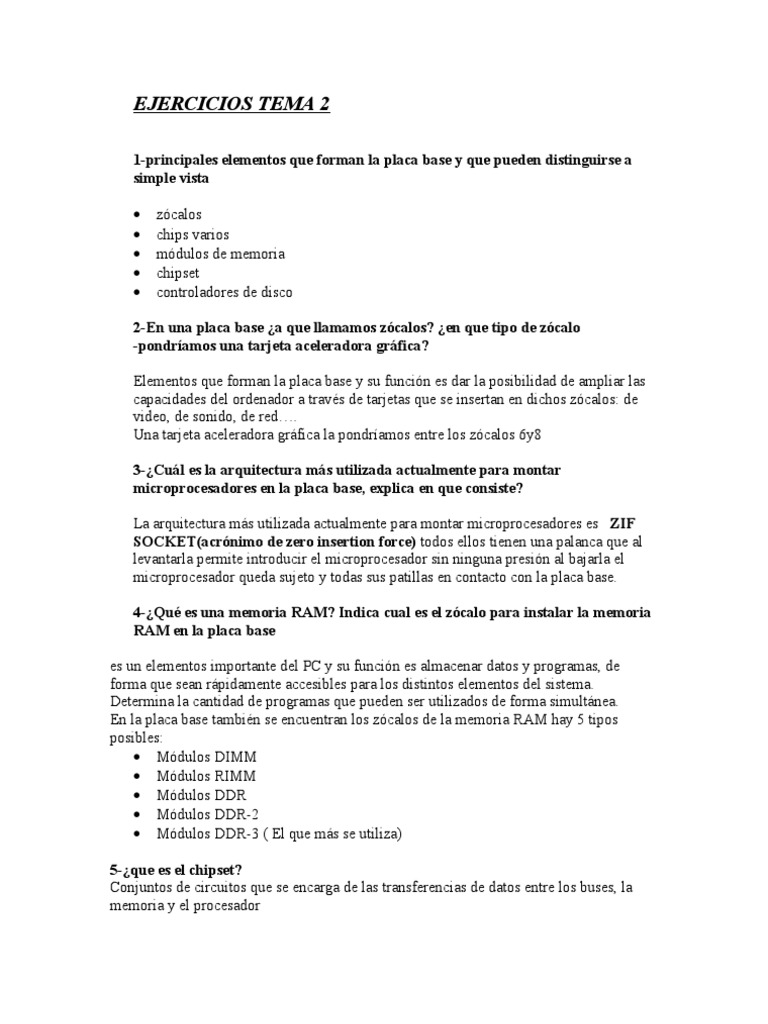 Ejercicios Tema 2 Ejercicios de La Placa Base | PDF | Microprocesador | Memoria de acceso aleatorio