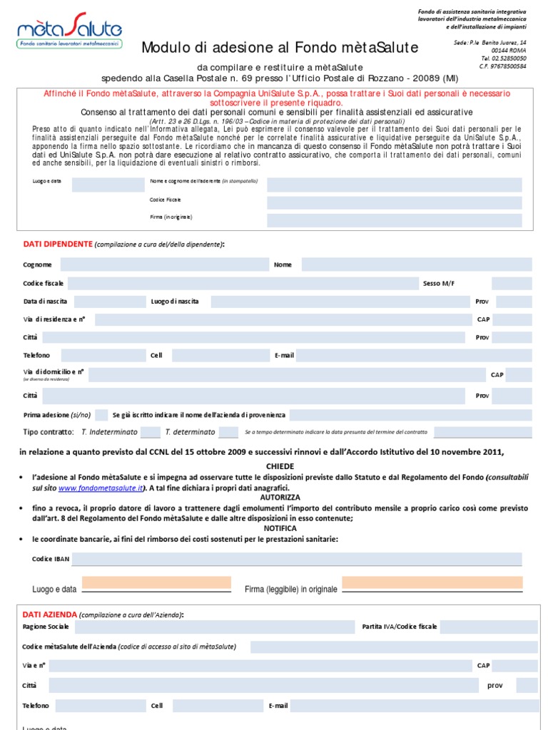 Modulo Adesione Compilazione METASALUTE | PDF