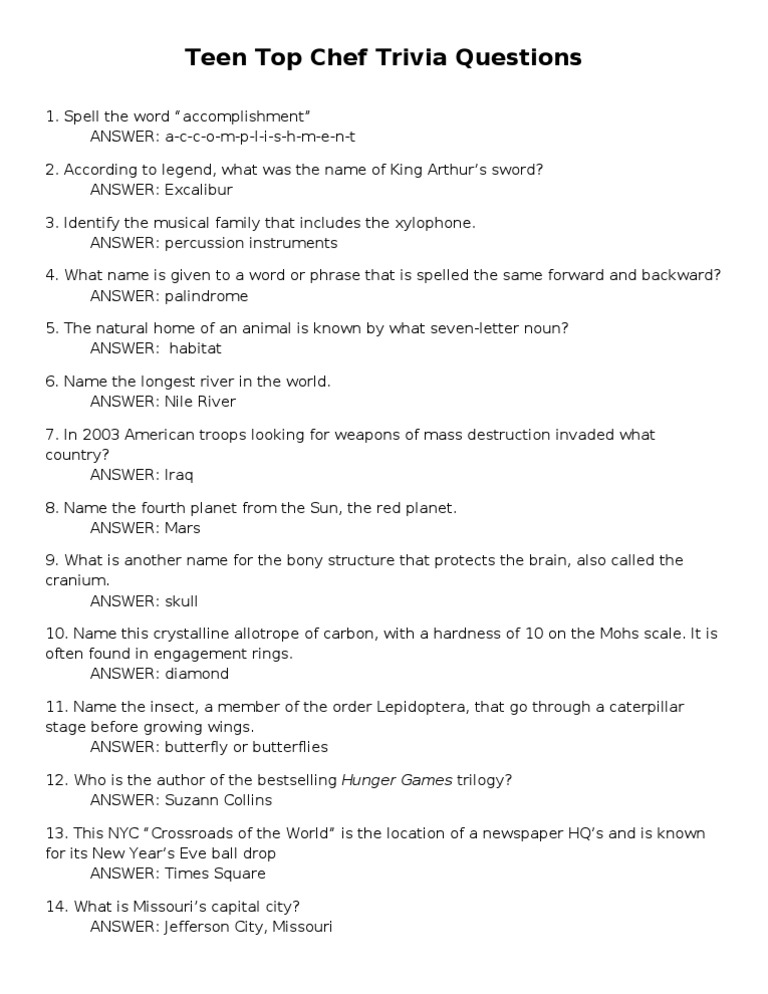 Teen Iron Chef Trivia Questions | PDF