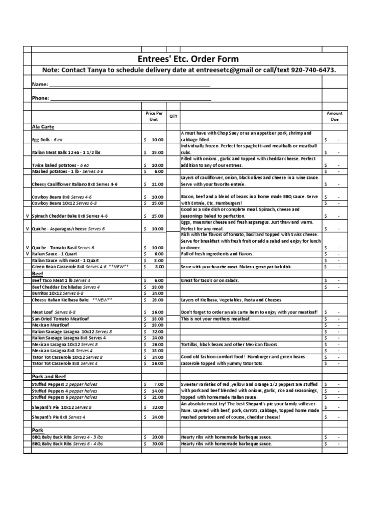 Fall Order Form | PDF | Sausage | Lasagne