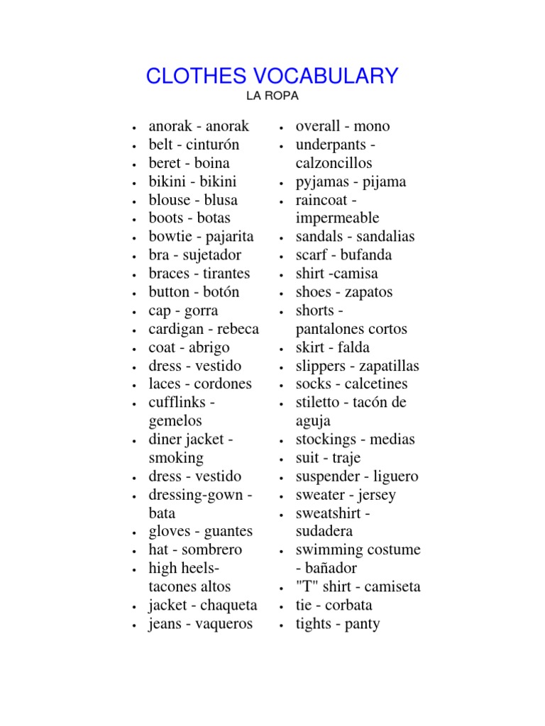 Vocabulario de Ropa en Inglés y Español | PDF