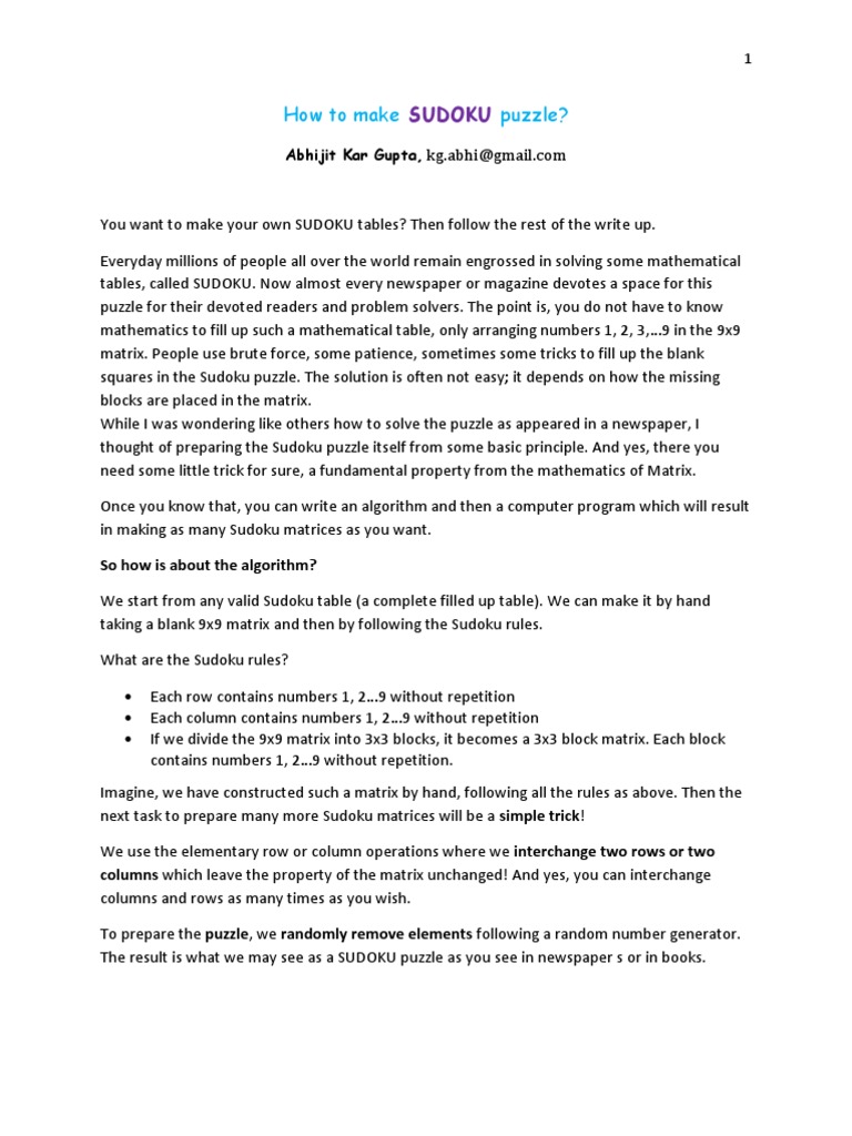 How Can You Create A Sudoku Puzzle Pdf Matrix Mathematics Algorithms