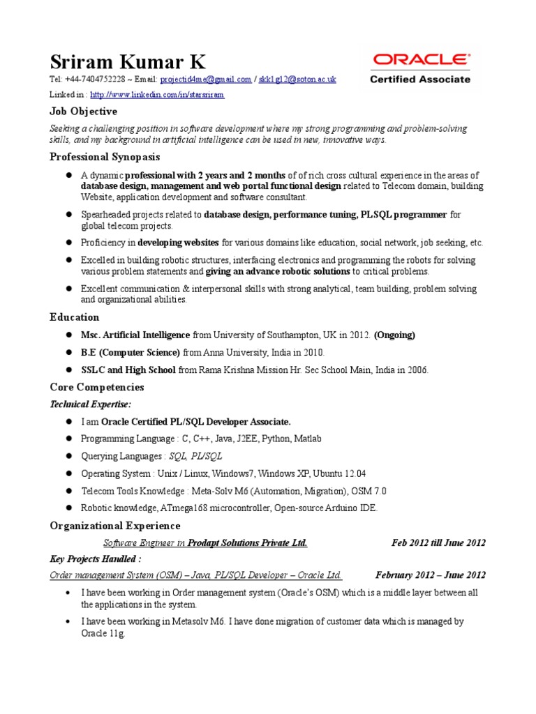 Sriram Resume | PDF | Oracle Database | Robotics